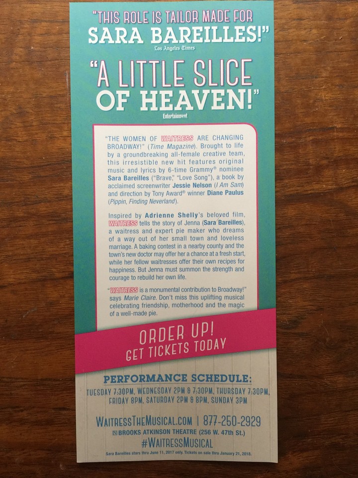 Waitress ad/flyer Broadway NYC Sara Bareilles in the musical | eBay