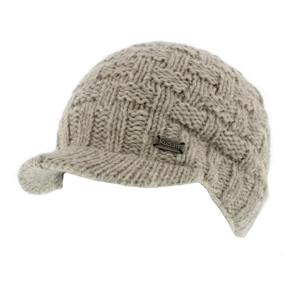Kusan 100% Wool Knitted Peaked Beanie Cap Choice of Colours & Patterns ...