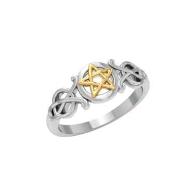 Pentacle Pentagram 925 Sterling Silver Gold Accented Ring Pagan Wicca ...