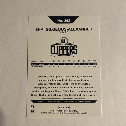 2018-19 Panini NBA Hoops Shai Gilgeous-Alexander #262 Rookie RC OKC ...