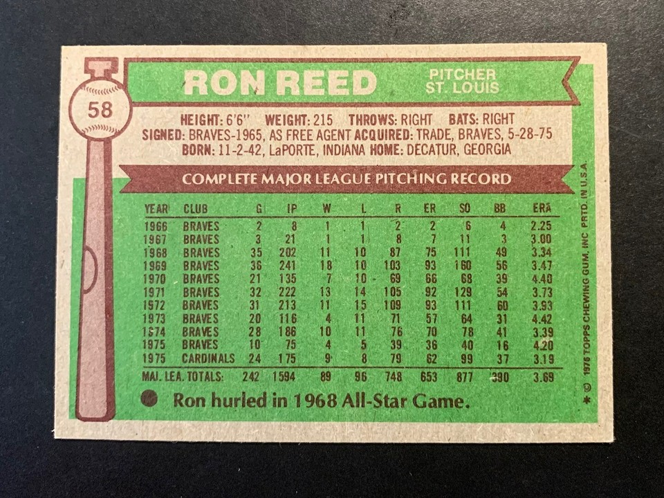 RON REED 1976 Topps Baseball Card #58 – ST LOUIS CARDINALS | eBay