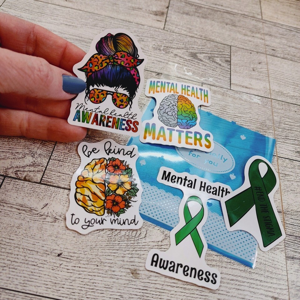 Mental Health Awareness Stickers - Brain Images Green Ribbon - 5pc Set ...