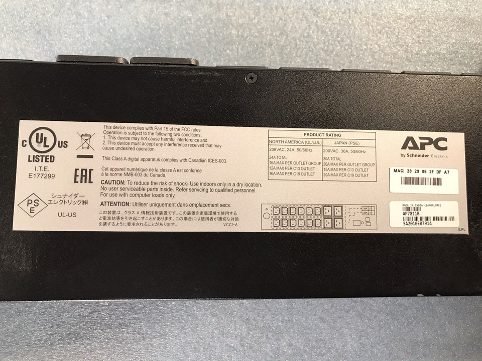 APC AP7811B 2U Metered Rack PDU with 12 C13 and 4 C19 Outlets. USED | eBay