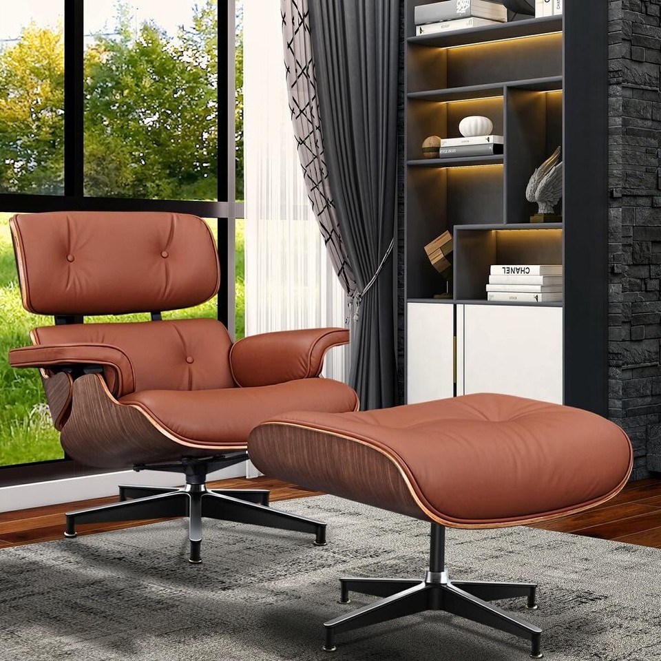 Mid Century Eams Lounge Chair and Ottoman Set Top Grain Leather ...