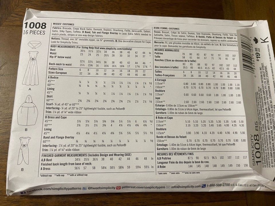 Simplicity Costume Pattern 1008 Ms Cosplay Game of Thrones Gown~Dress ...