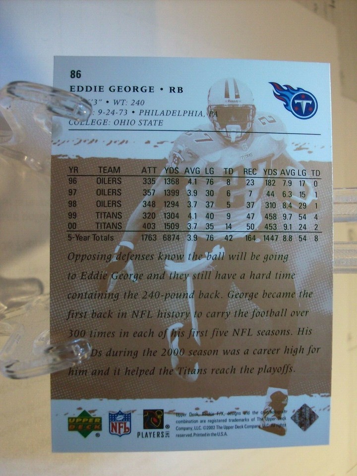 2001 Upper Deck Rookie F/X Football Card #86 Eddie George (82423) | eBay