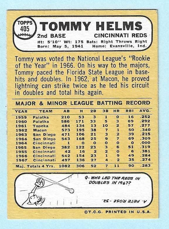 1968 Topps #405 Tommy Helms Cincinnati Reds Near Mint COMPLETE SETBREAK ...