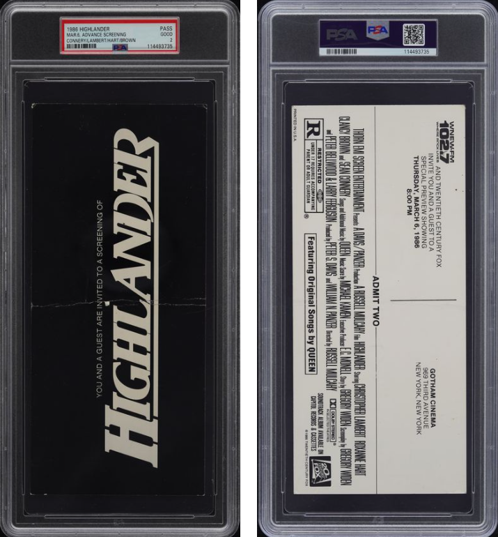 HIGHLANDER / 1986 Advance Screening Movie Ticket, Christopher Lambert ...