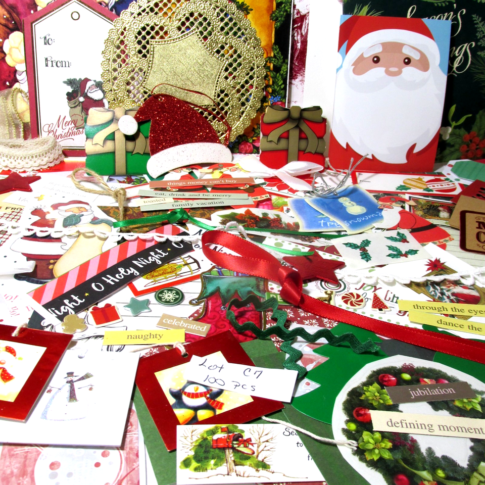 Christmas Lot Junk Journal Ephemera Tags Paper Stickers Die Cut Ribbon ...