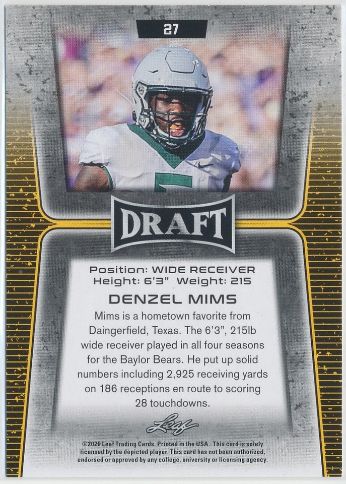 Denzel Mims - Baylor Bears - 2020 Leaf Draft Football - RC - #27 | eBay