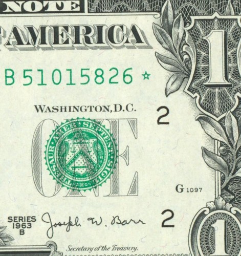 ** STAR ** $1 1963 (CHOICE CU) ((JOSEPH BARR)) Federal Reserve Note ...