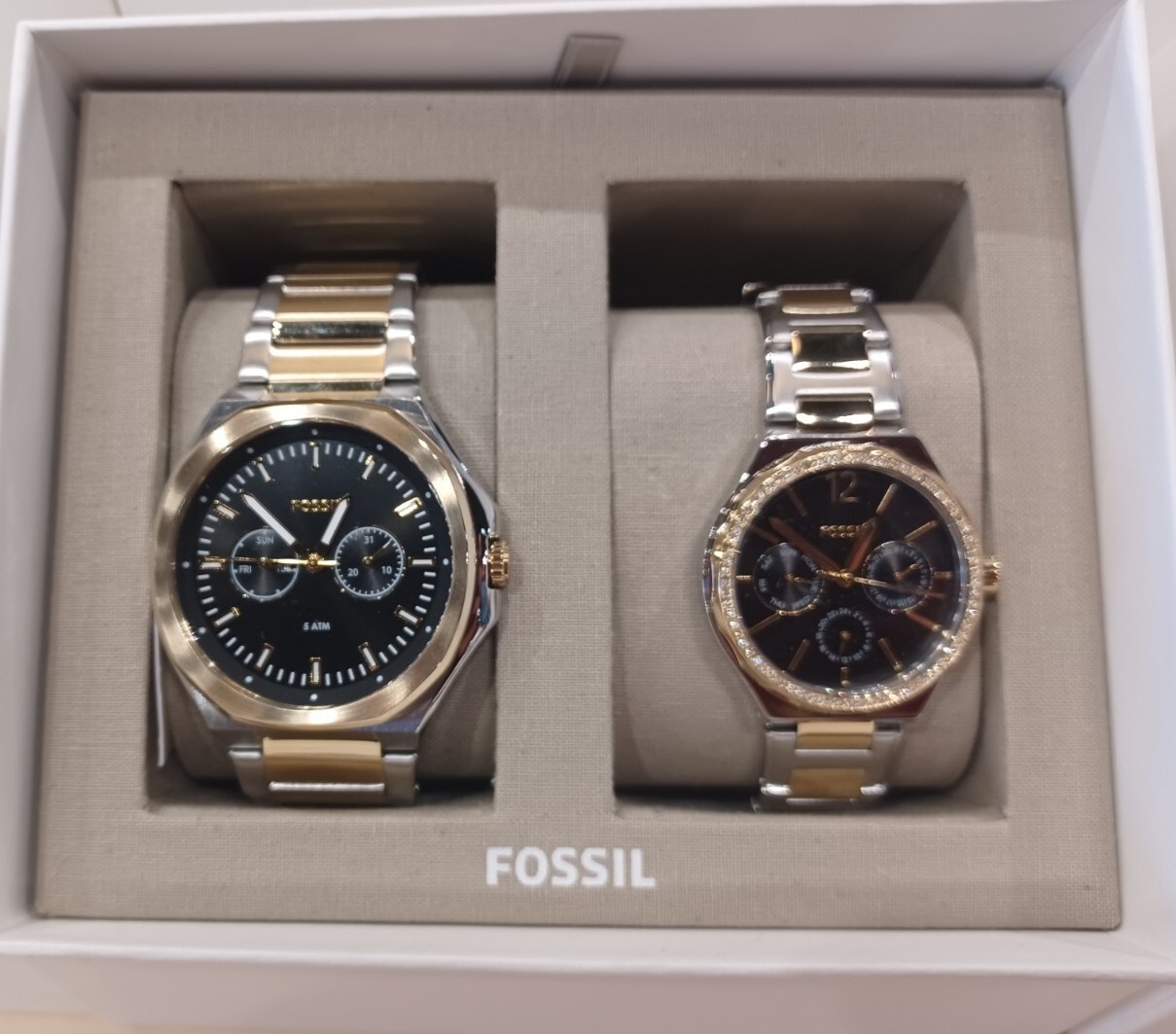 Fossil Couple Set His & Her Silver Gold Stainless Steel Watch Evanston ...