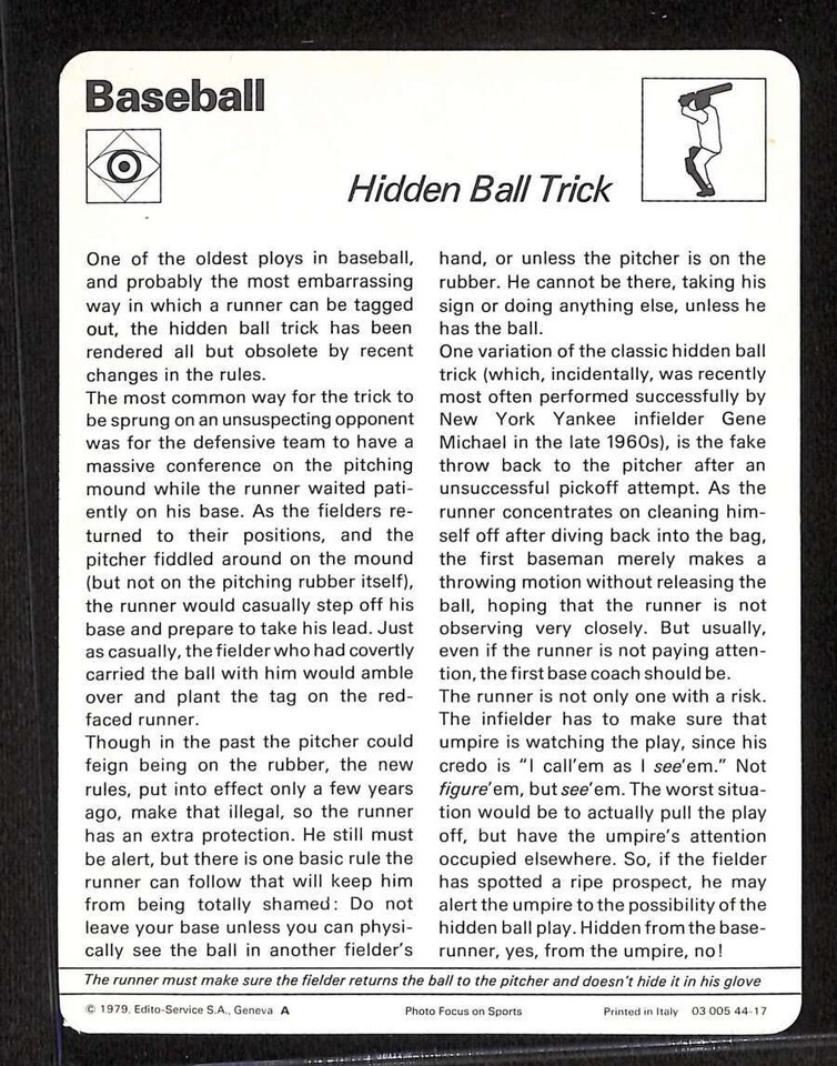 1977 Sportscaster #4417 Hidden Ball Trick Series 44 Baseball NM D87156 ...