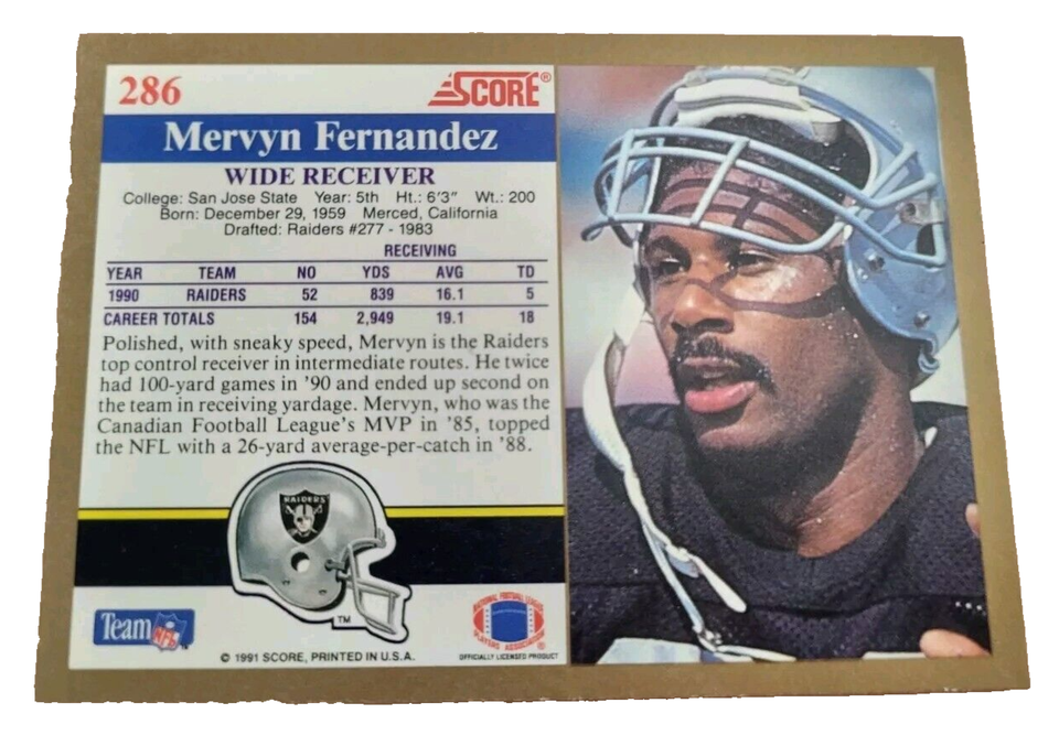 1991 Score #286 Mervyn Fernandez Los Angeles Raiders NFL Football Card ...