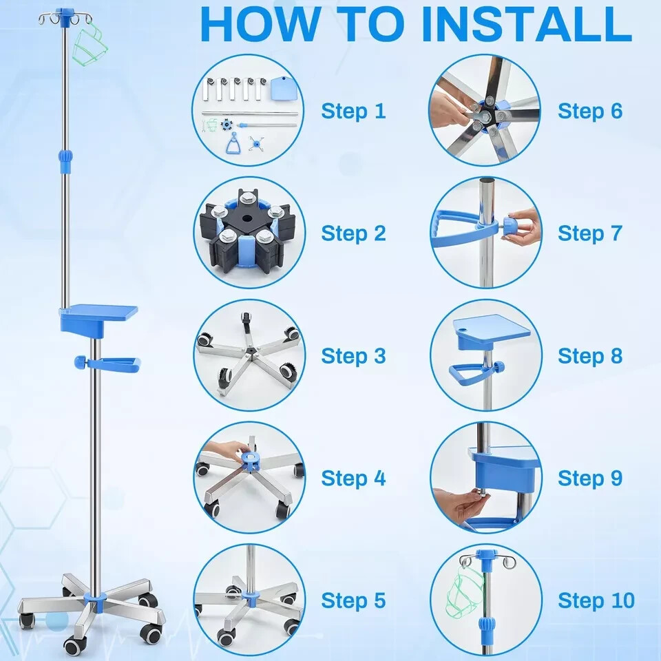 IV Pole with Wheels Tray Stand Portable 4 Hooks 5 Wheels IV Fluid Bag ...