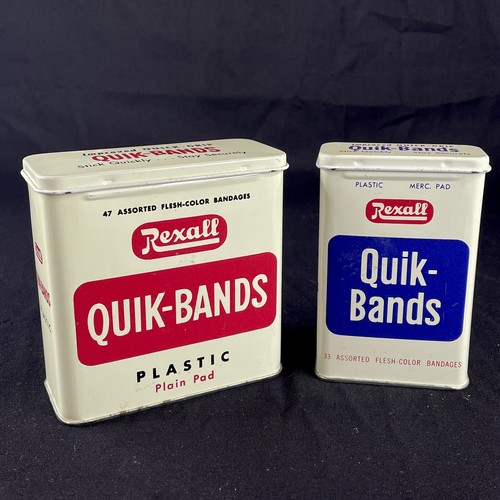 Lot of 2 Vintage Rexall Quik Bands Metal Tin Bandages Empty First Aid ...