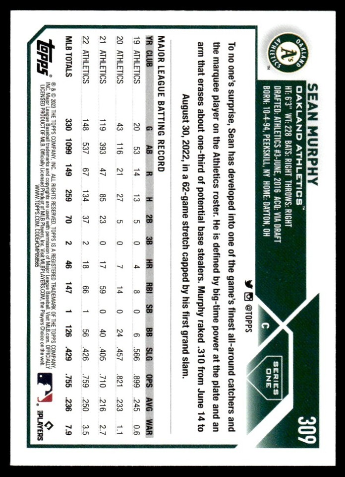 2023 Topps Baseball Card Sean Murphy Oakland Athletics #309 | eBay
