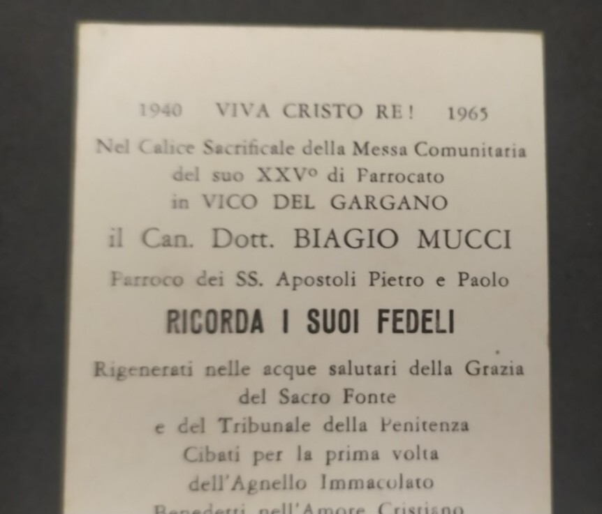 VICO GARGANICO DON BIAGIO MUCCI 25mo Di Parroco SANTINO HOLY CARD 1965 ...
