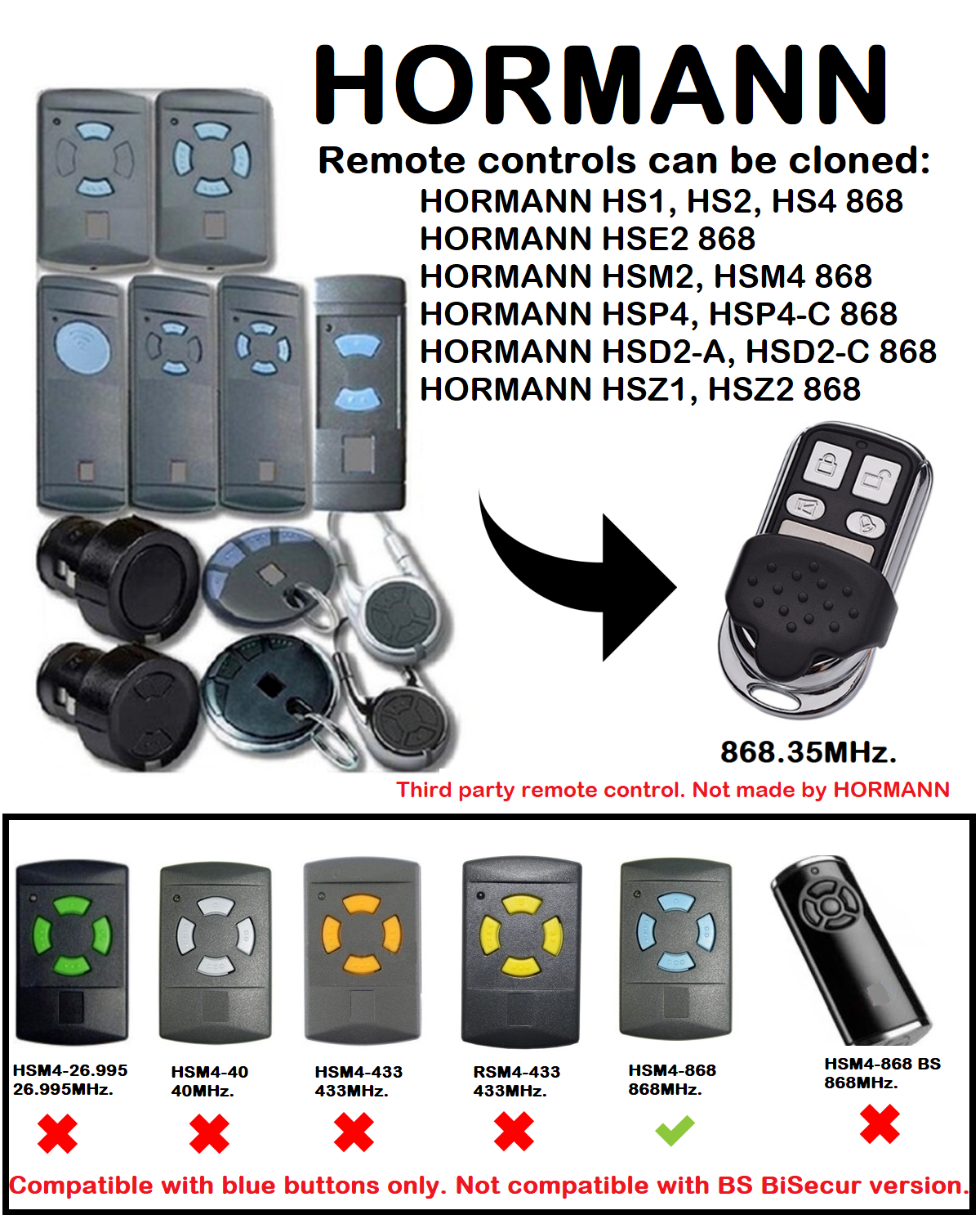 HORMANN GARAGE DOOR HAND SET KEY FOB GARADOR REMOTE CONTROL BLUE ...