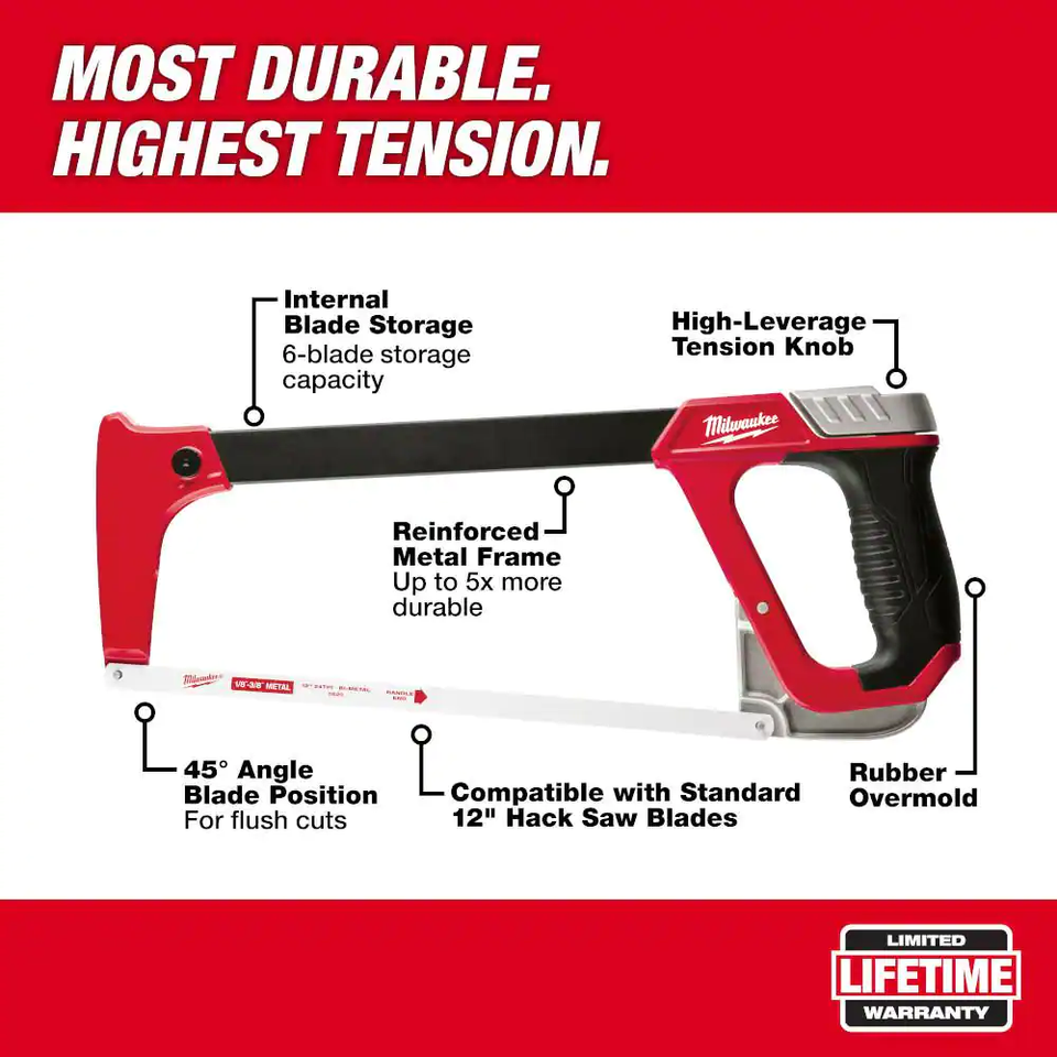 Adjustable High-Tension Hack Saw w 12 in. 24 TPI Bi-Metal Blade ...