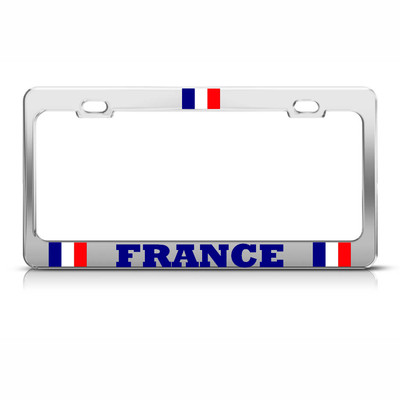 FRENCH FLAG Chrome Metal License Plate Frame FRANCE COUNTRY PRIDE Tag ...