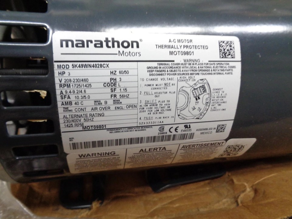 Trane MOT09801/MARATHON 5K49WN4028CX MOTOR 3HP 208-230/460V 1725/1425 ...