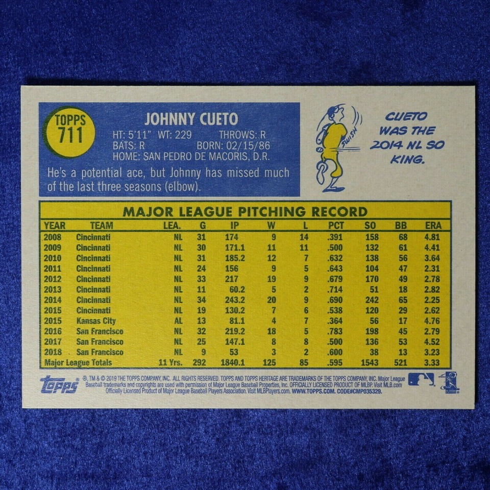 2019 Topps Heritage SP Card #711: Johnny Cueto (THSP-771) | eBay
