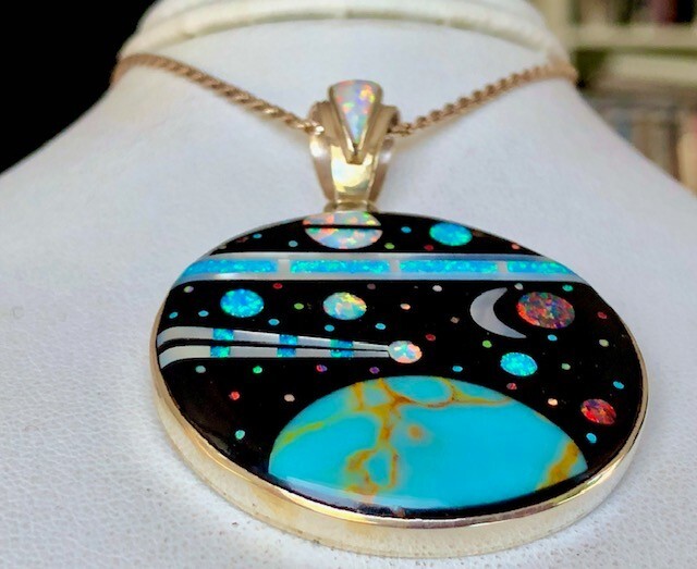 BIG! NASA Deep SPACE Red Dwarf Opal Pictorial Pendant necklace Sterling ...