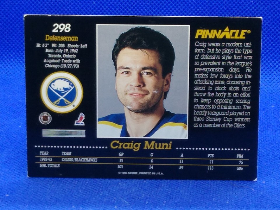 Craig Muni 1993-94 Pinnacle #298 PERSONAL AUTOGRAPH Buffalo Sabres | eBay