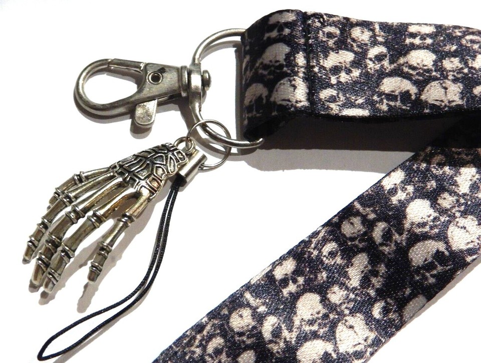 SKULLS LANYARD black gray skeleton charm halloween punk gothic neck key ...