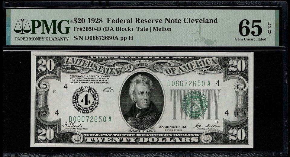 1928 $20 Federal Reserve Note Numerical #4 Gold on Demand Clause PMG 65 ...