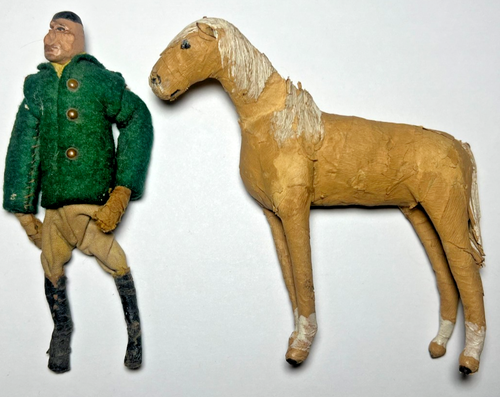 Antique Folk Art PAPER MACHE Toy Jockey Rider Racehorse Horse Set F | eBay