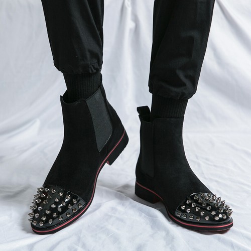 Men Suede Ankle Boots Pointed Toe Rivets Punk Riding Boots High Top ...