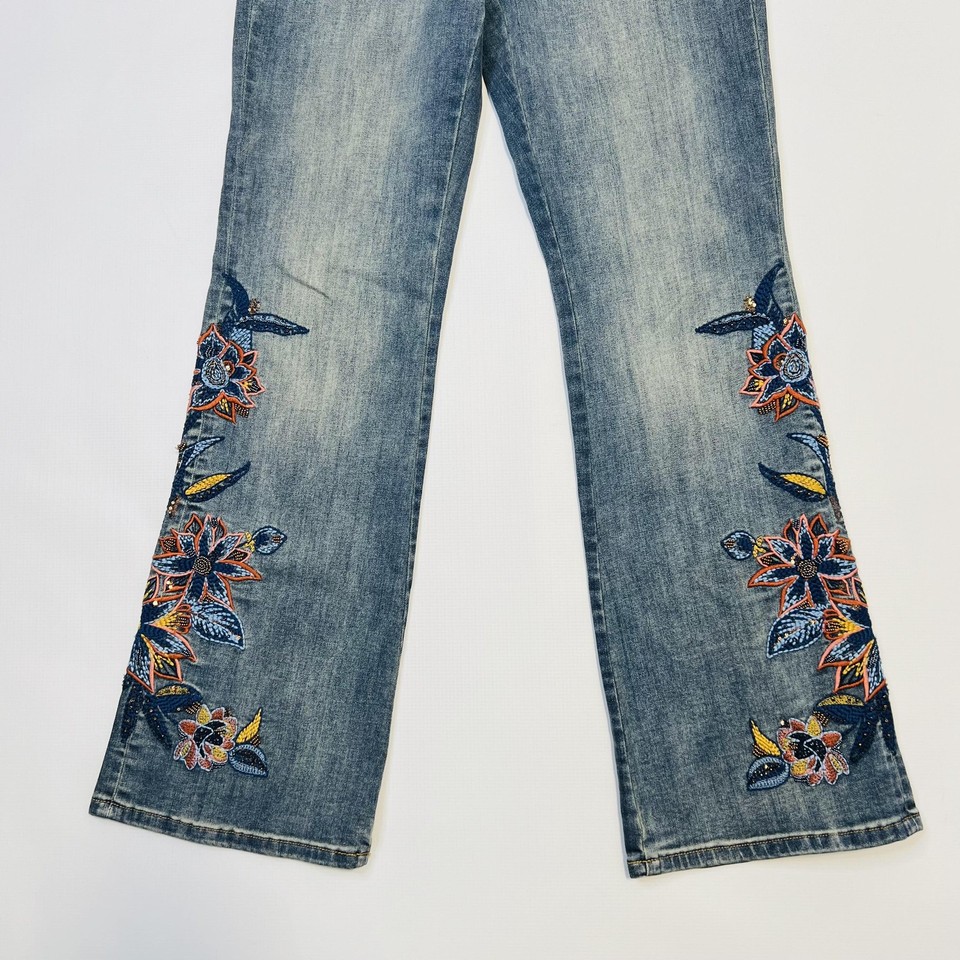 Soft Surroundings Jeans Womens 6 Blue Embroidered Floral Bootcut ...