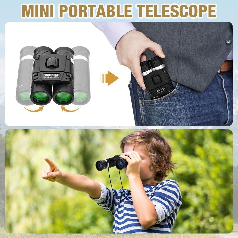 200X25 Compact Binoculars for Adults and Kids, High Powered Mini Pocket ...