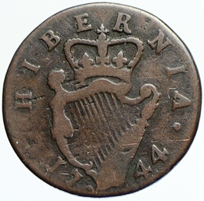 1744 IRELAND UK King George II Antique Lyre VINTAGE Farthing 1/4 P Coin ...