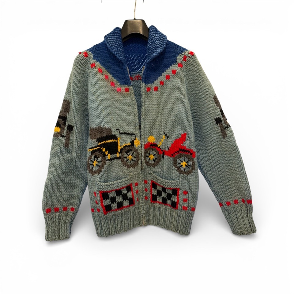 Vintage Cowichan Wool Blue Model T Car Sweater/Cardigan Medium | eBay