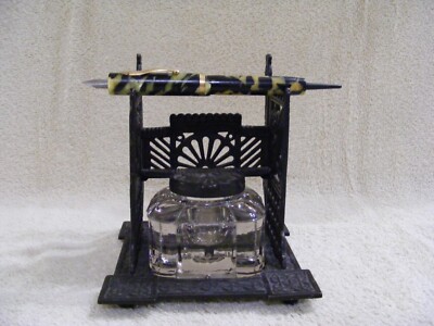 VINTAGE CAST IRON INK WELL STAND WITH GLASS INK WELL, HOLDS QUILLS AND ...