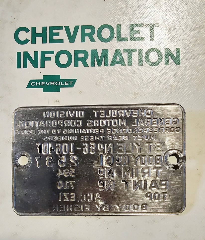 1956 Chevrolet Bel Air Nomad Trim Cowl Data Tag India Ivory Twilight ...