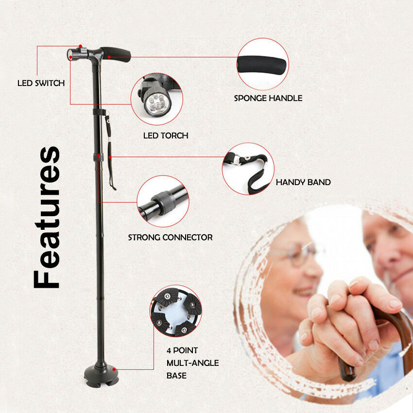 LED Walking Cane Safety Walking Stick All Terrain 4 Head Pivoting ...