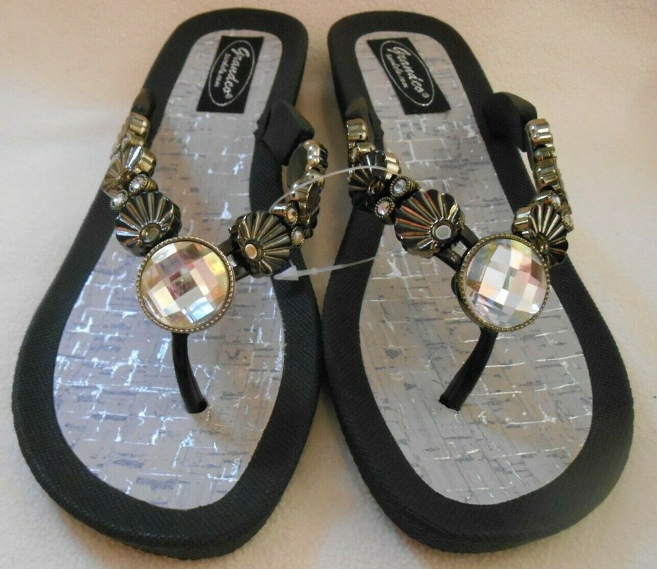 GRANDCO SANDALS SEA SHELL V-THONG BLACK Shell Dressy BLING Jeweled Flip ...