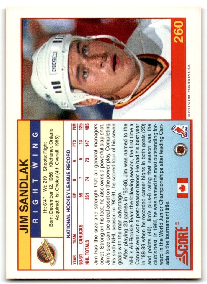 1991-92 Score Canadian Jim Sandlak Vancouver Canucks #260 | eBay