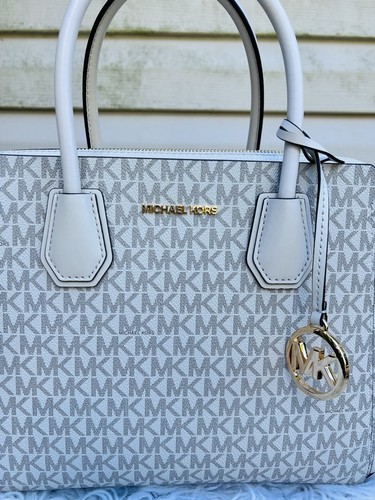 Michael Kors Medium Belted Mercer Mk Logo Leather Light Cream Multi ...