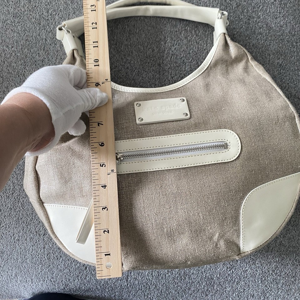Kate Spade Carla Hobo Handbag Metallic Beige Linen Ivory Leather ...