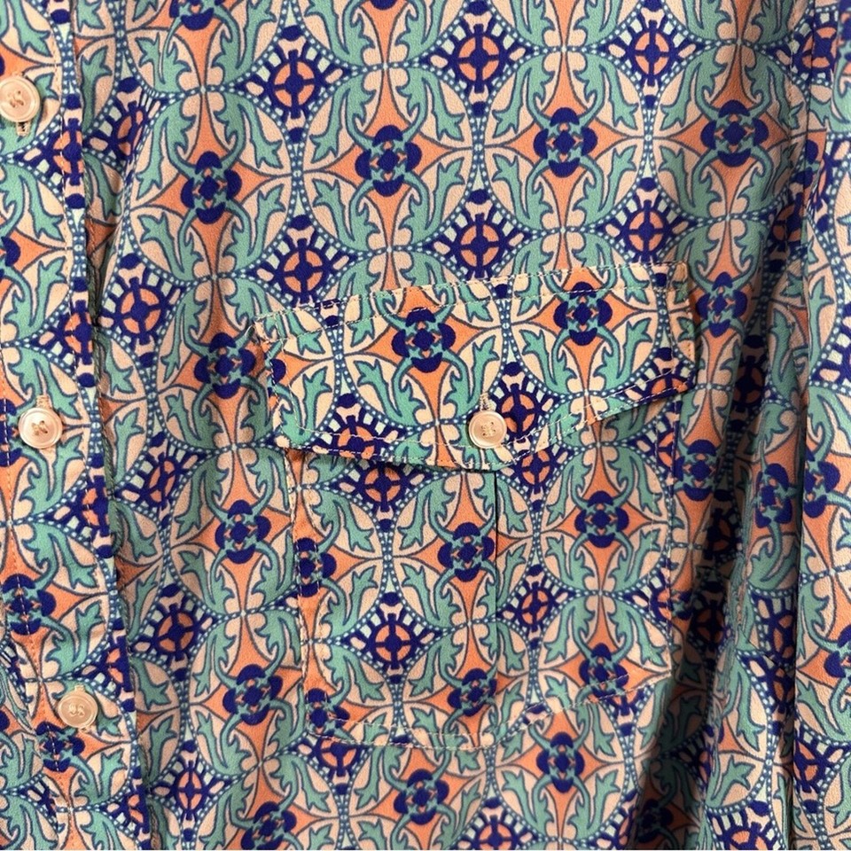 Talbots Plus Medallion Button Up Blouse Tab Sleeves Blue Green and ...