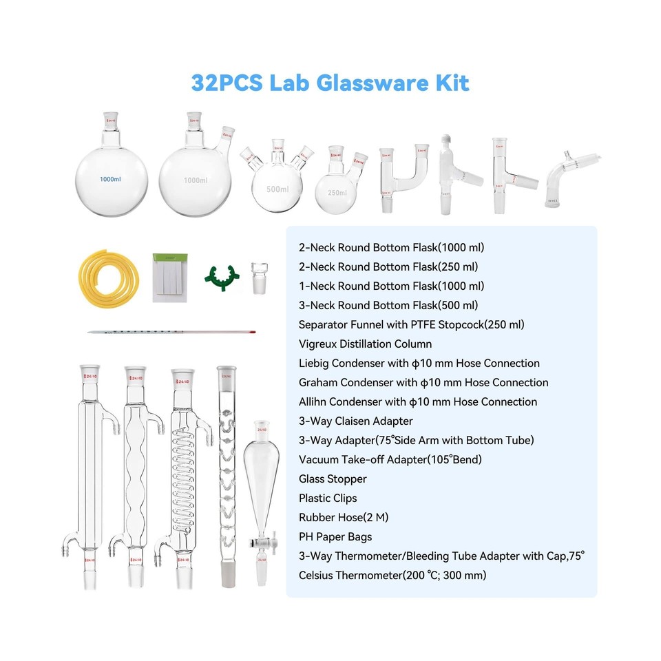 Chemistry Glassware Set - 32PCS Laboratory Glassware Kit 24/40 Lab ...