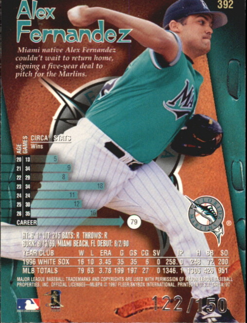 1997 Circa Rave Florida Marlins Baseball Card #392 Alex Fernandez /150 ...