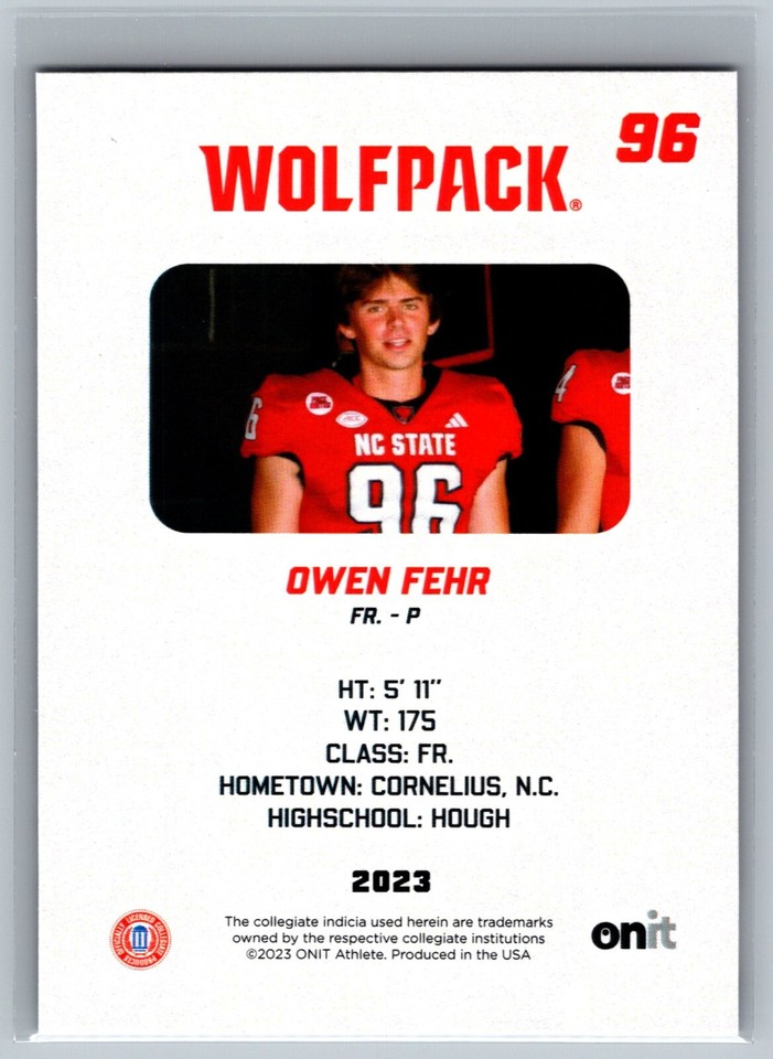 Owen Fehr 2023 ONIT NC State Wolfpack #69 Football Card RC Rookie NCSU | eBay