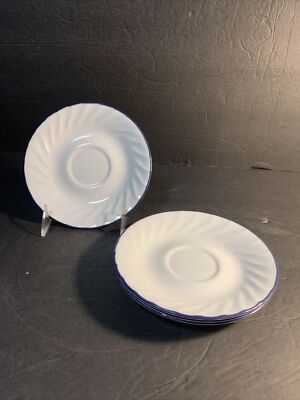 4 CORELLE BY CORNING 6 1/4" BLUE FLEUR WHITE SWIRL BLUE EDGE SAUCERS | eBay