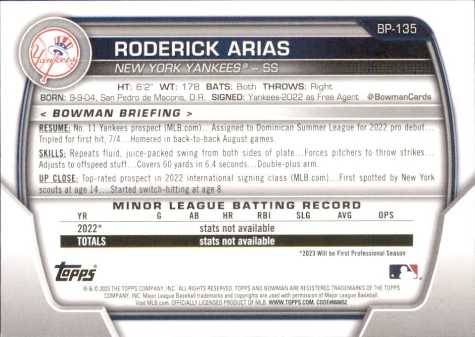 2023 BOWMAN PROSPECT NEW YORK YANKEES - RODERICK ARIAS #BP-135 | eBay